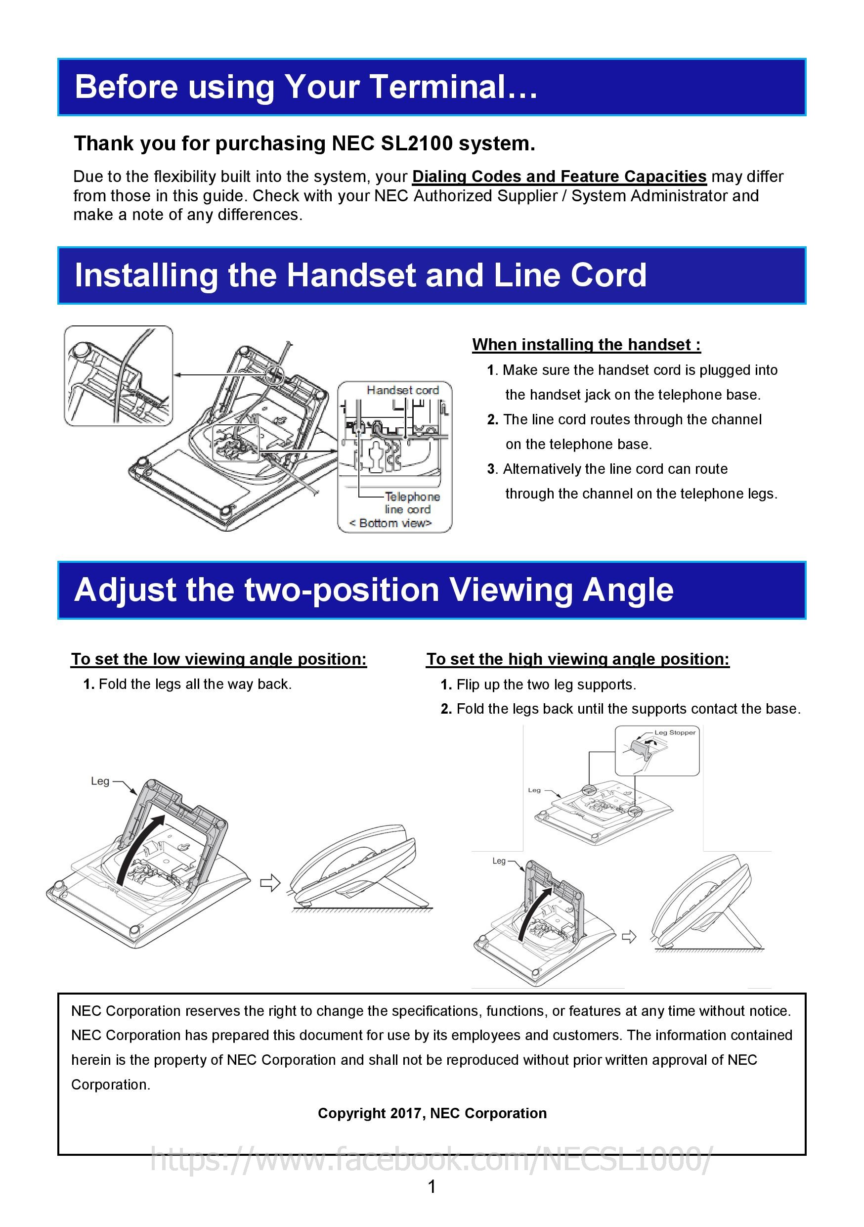 SL2100 Multi-Line Telephone User Guide Issue 1-0 | NEC SL1000 and SL2100