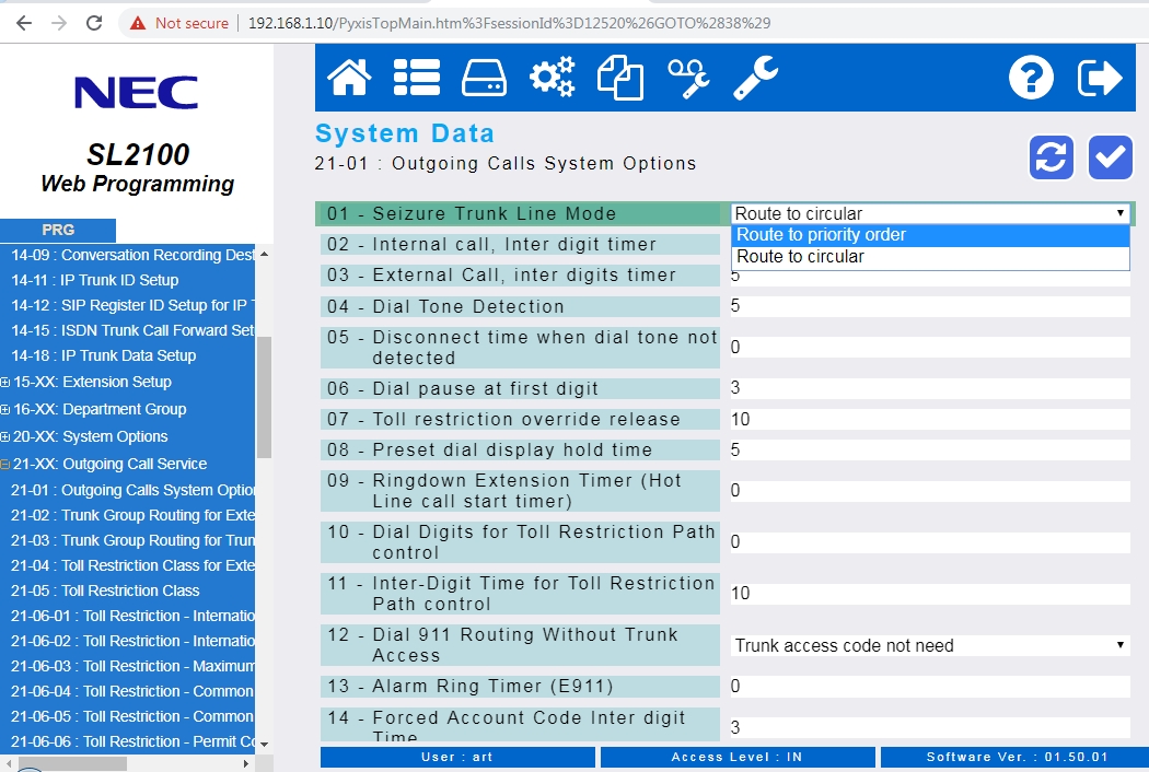 NEC SL2100 จัดลำดับการโทรออกของสายนอก | NEC SL1000 and SL2100